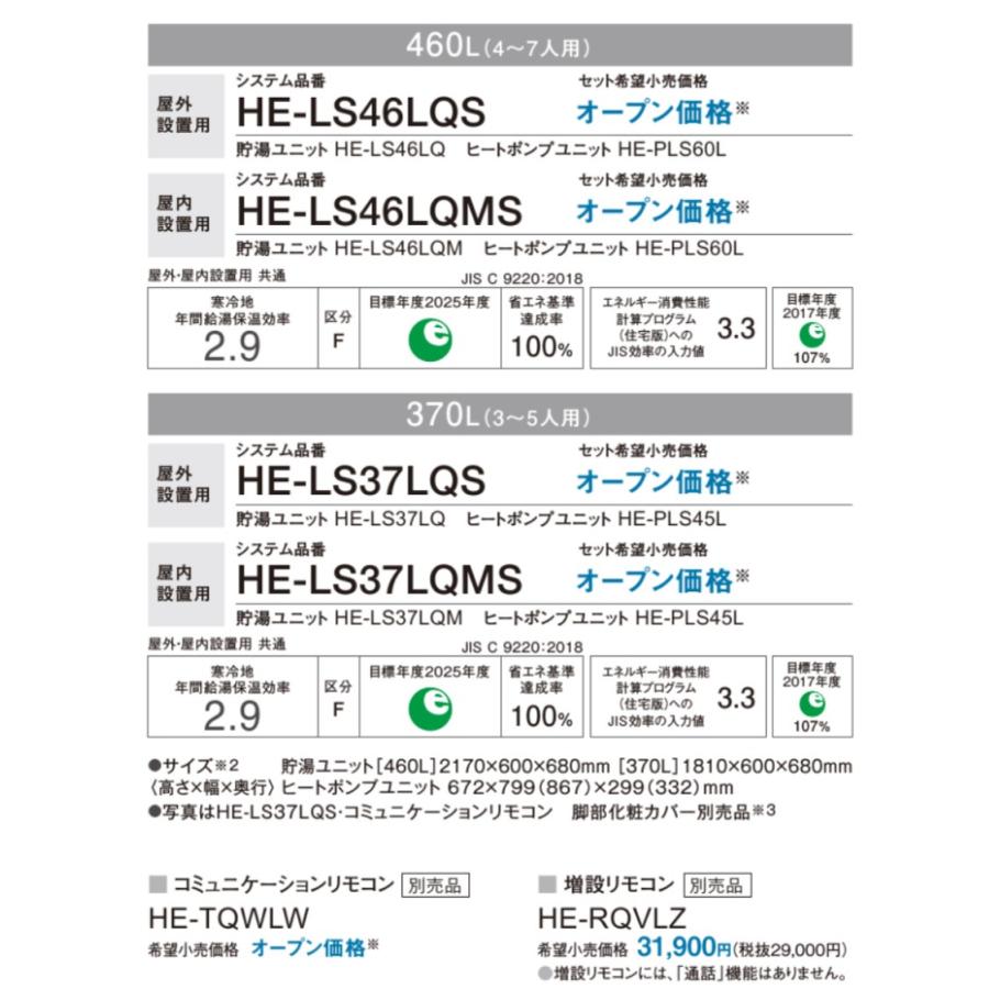 Panasonic 在庫有り リモコンと脚部カバー付き エコキュート 370L LSシリーズ パナソニック HE-LS37LQS リモコン付きHE-TQWLW 脚部カバー付きAD ...