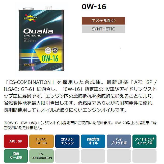 SUNOCO(スノコオイル) Qualia 0W-16(0W16) 4L [規格:API:SP/ILSAC:GF-6B] 合成油 : 山蔵屋 ...