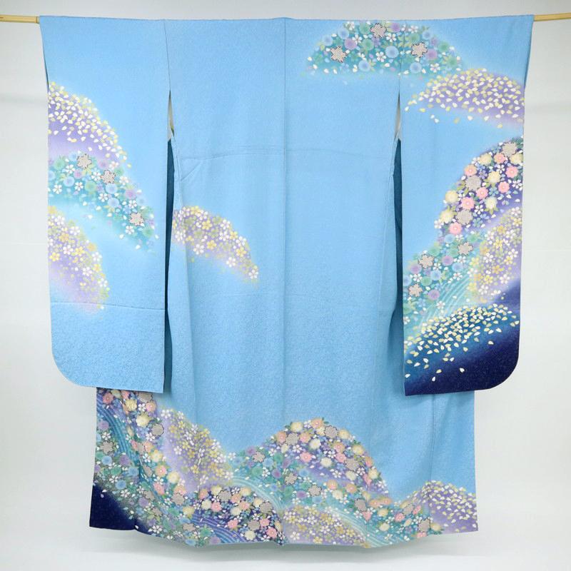 振袖 煌びやか 豪華 花々模様 水色 成人式 卒業式 袷正絹 着物 M 振袖 煌びやか 豪華 花々模様 水色 成人式 卒業式 袷正絹 着物 M
