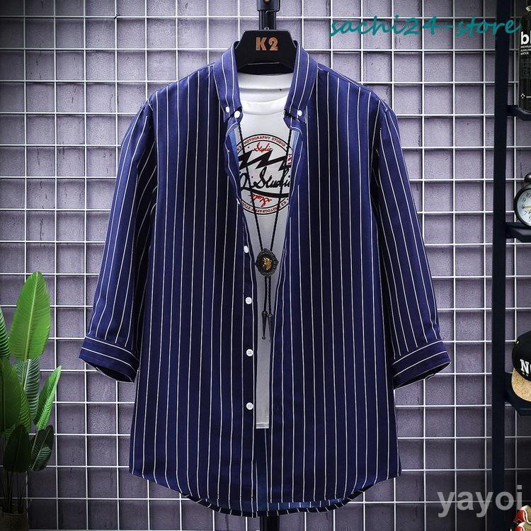 ストライプシャツ メンズ 夏服 七分袖 白シャツ 薄手 ワイシャツ カジュアル 通勤 紳士 トップス メンズファッション ...