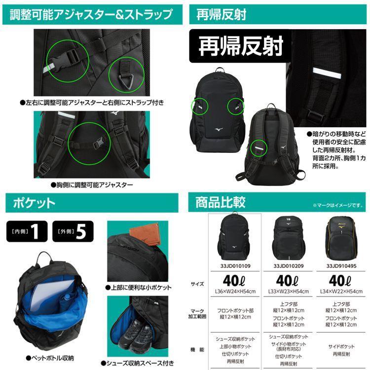 MIZUNO 刺繍加工サービス バックパック ミズノ 野球 チームバッグ 6ポケット 自立式 遠征 出張 合宿 通学 通勤 約40L 中学生 ...