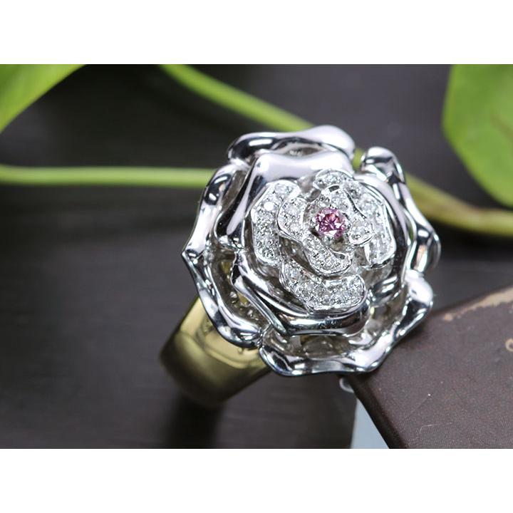 ピンクダイヤモンド0.055ct FANCY INTENSE PURPLISH PINK 立体的なバラ・ローズ K18WG/K18貫録肉厚 リング・指輪 1点もの ソーティング付 : 拘り ...