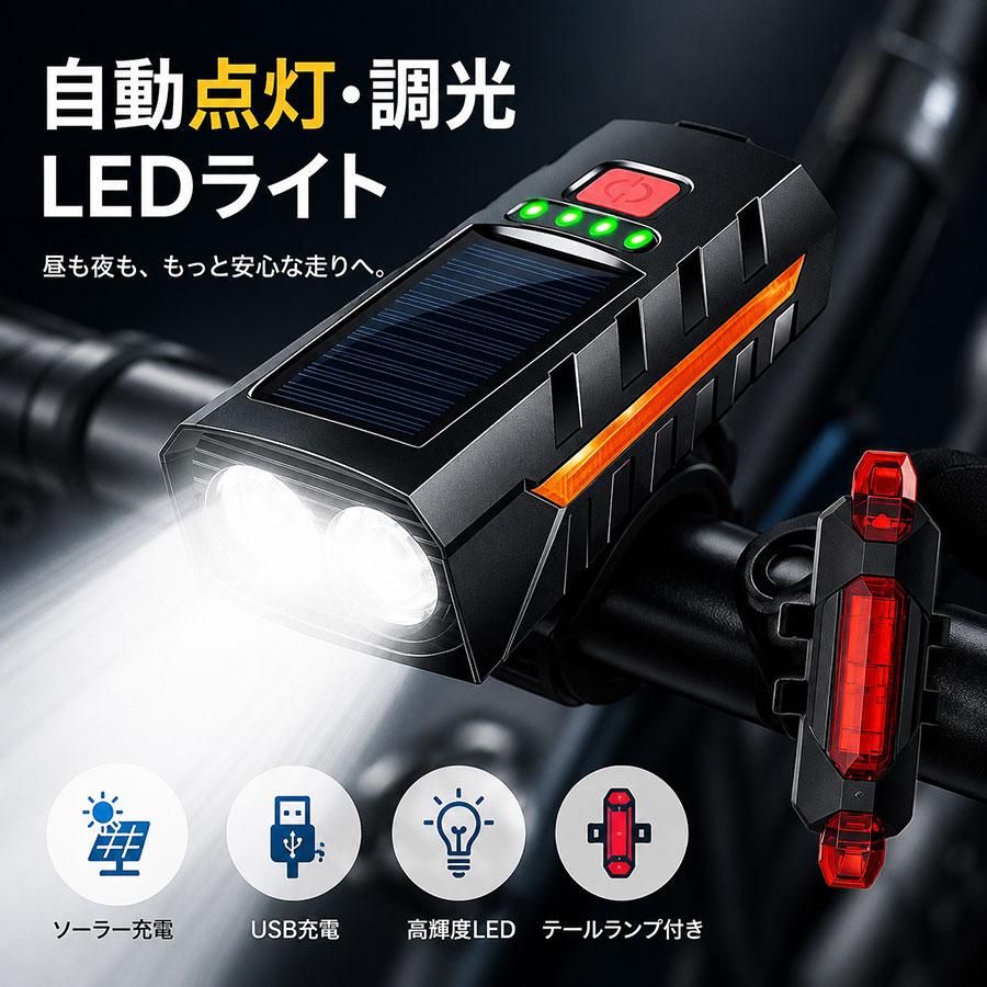 \即納／自転車 ライト 自転車ライト ソーラー充電 ベル テールライト付き LED 高輝度 小型 USB充電式 明るい IPX7防水 後付け ...