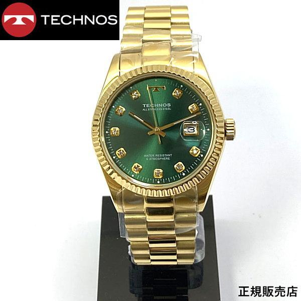 TECHNOS（テクノス） ボーナスストア＋5% メンズ ユニセックス 腕時計 5気圧防水 T9604GM ゴールド グリーン文字盤 : 時計 ...
