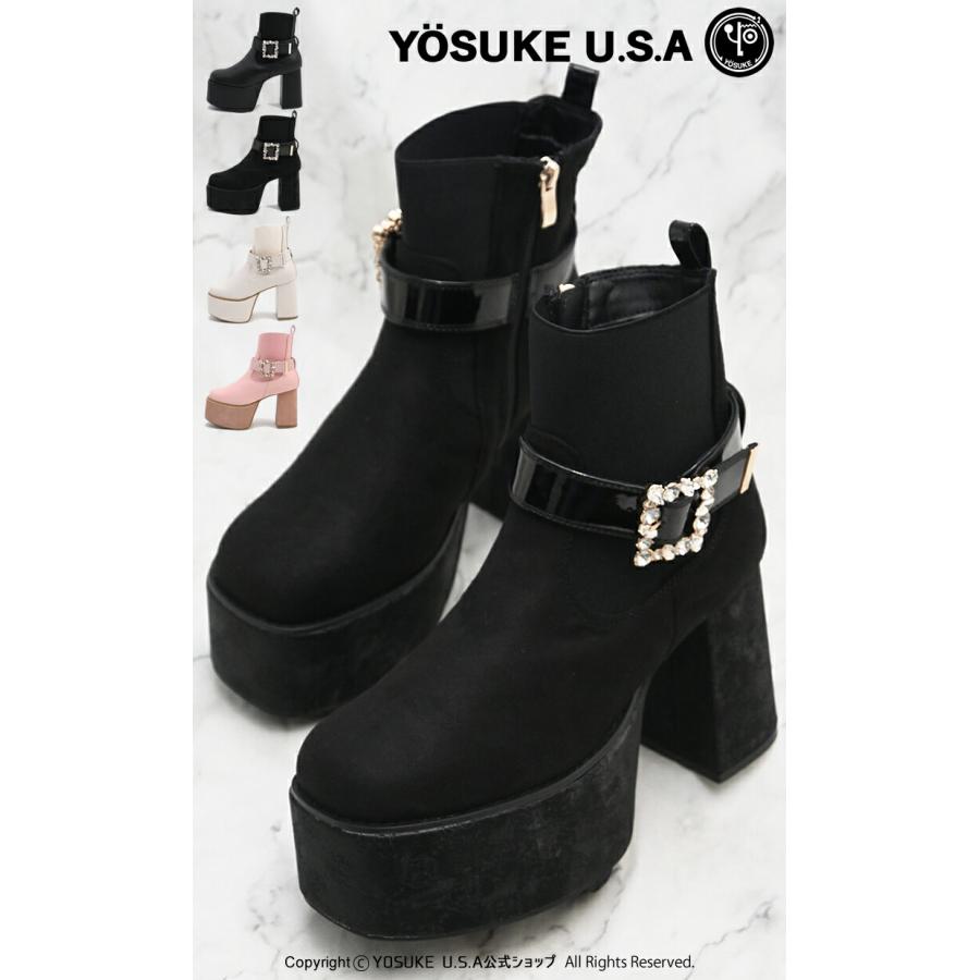 YOSUKE（ヨースケ） 厚底ブーツ 公式キズ補修液付 サイドゴアブーツ レディース スクエアトゥ ショート ビジューバックル付き 10cmヒール 靴 : ヨースケ公式 ヤフーショップ ...