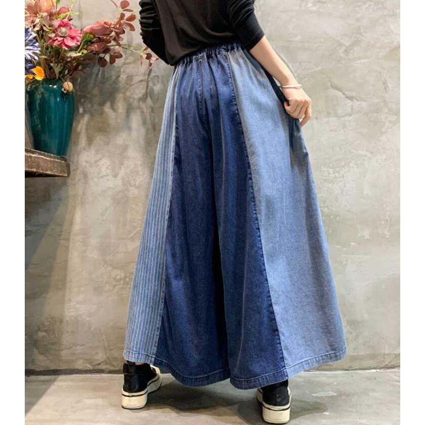 ワイドパンツ デニム ガウチョパンツ レディース ロングパンツ 9分丈 切り替え チェック ストライプ 体型カバー ウエストリボン 春 秋冬 ...