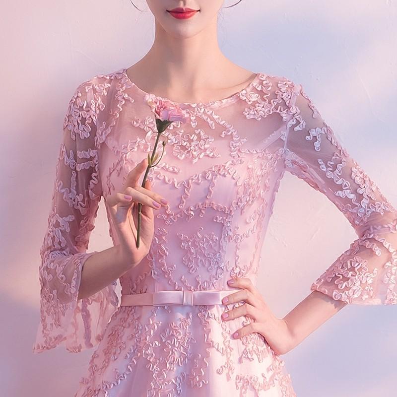 パーティードレス 結婚式 ワンピース ドレス 袖あり ベルトスリープ