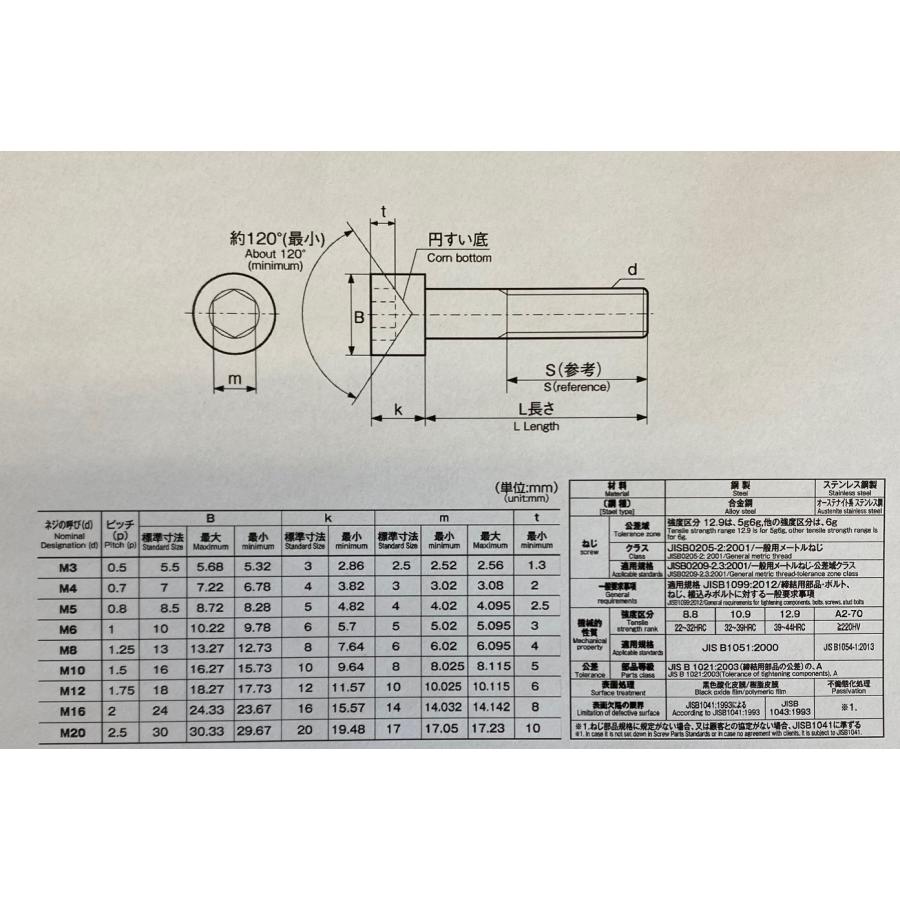 ユニクロメッキ 六角穴付ボルト キャップスクリュー M5X70 P0.8 SCM435 半ねじ 200本入 インボイス制度対象適格請求書発行 ...