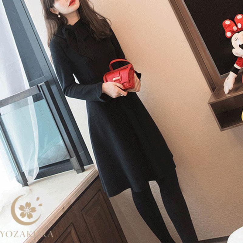 ワンピース 秋服 春 冬 ひざ丈 ニット セーター ドレス レッド