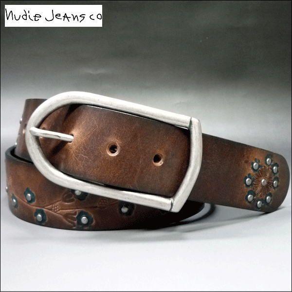 Nudie Jeans(ヌーディージーンズ) レザーベルト LEATHER BELT BLUE FLOWERS BROWN 180116B10 ...