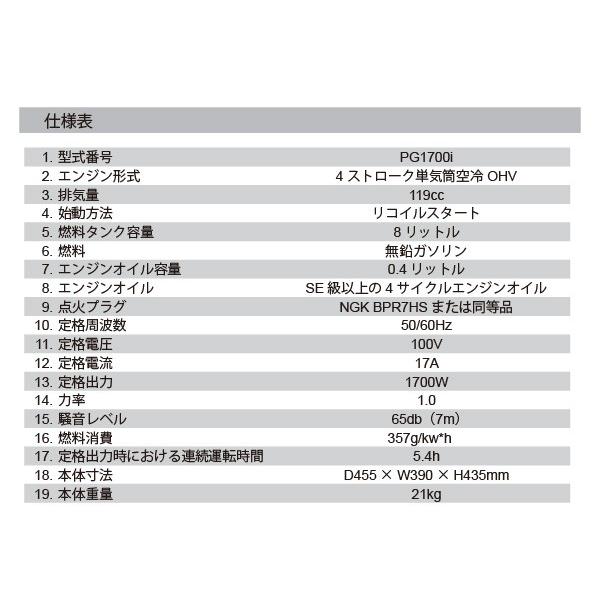 パワーテック インバーター 発電機 PG1700i 1.7kVA (1700W) ガソリンエンジン 小型 家庭用 50Hz 60Hz 対応 正弦波 POWERTECH 代引不可 : ユアサe ...