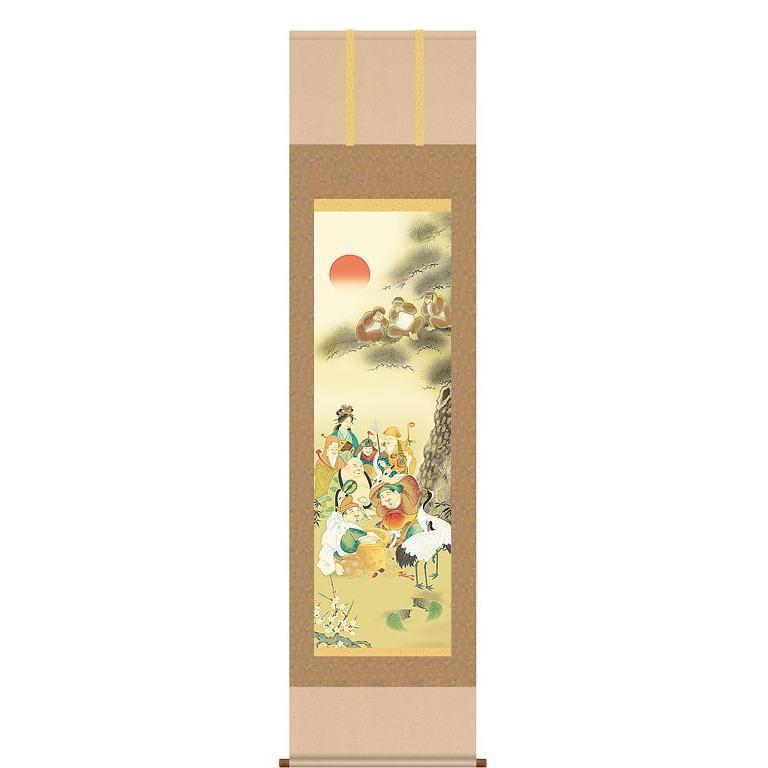 掛軸 (掛け軸) 七福縁起三猿図 緒方葉水（尺三立・桐箱入り）約横44.5×縦164cm d7423 開運 縁起 吉祥 招福 お祝い 御祝 ...