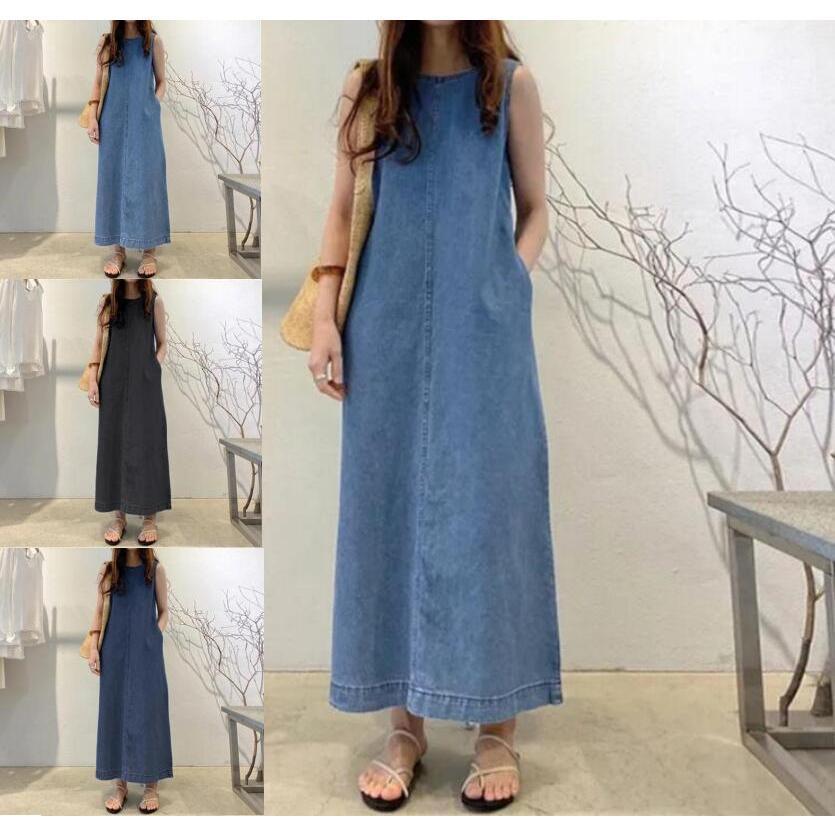 ロングワンピース デニム レディース きれいめ ノースリーブVネックデニムワンピース ゆったり オシャレ 体型カバー 可愛い 20代 30代 ...