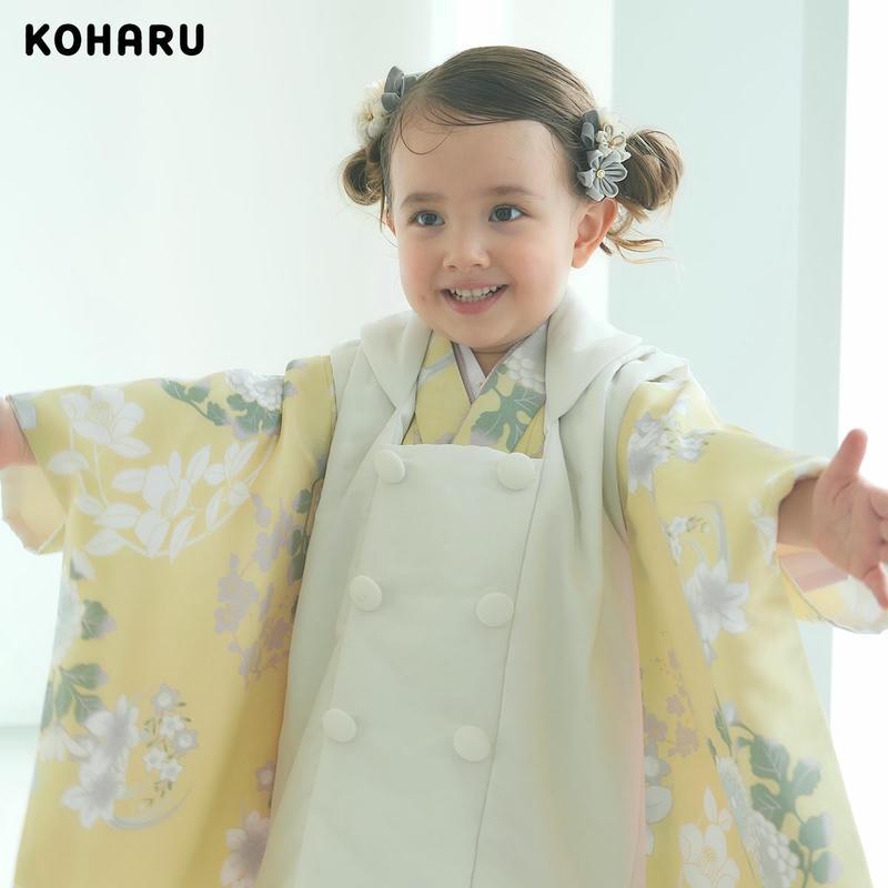 七五三 着物レンタル 3歳 753 コハク ブランド着物 女の子 フルセット 被布 白x黄花丸文 三歳 K240 : 京都着物レンタル夢館 Yahoo!店 - 通販 - Yahoo!ショッピング