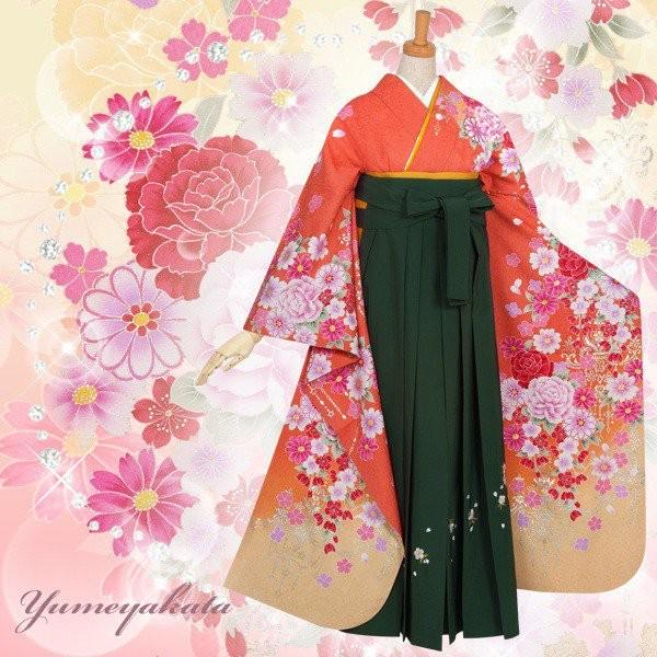 卒業式 袴セット オレンジ 桜牡丹とシャンデリア(絹)一点物 レンタル 大学生 振袖袴 RR559 : 京都着物レンタル夢館 Yahoo!店 - 通販 - Yahoo!ショッピング