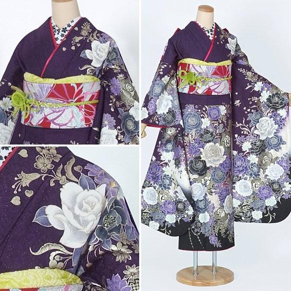振袖 レンタル 成人式 結婚式 濃紫 薔薇(絹）12月〜1月利用 対応身長165〜169cm RS1364 : 京都着物レンタル夢館 ...