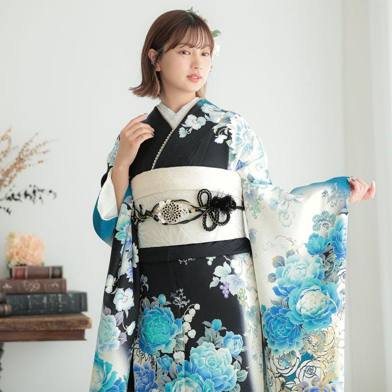 振袖 レンタル 成人式 結婚式 白×黒 青い花(絹) 一点物 12月 振袖 レンタル 成人式 結婚式 白×黒 青い花(絹) 一点物 12月