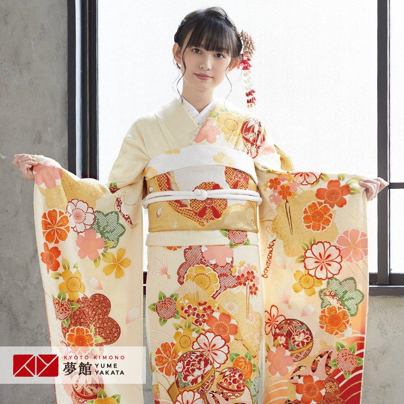 振袖 レンタル 成人式 結婚式 薄黄色 波に扇面鞠と花(絹)12月 振袖 レンタル 成人式 結婚式 薄黄色 波に扇面鞠と花(絹)12月