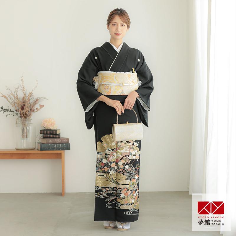 黒留袖 レンタル 結婚式 雲霞に扇面と水車 貸衣装 フルセット 対応身長147〜159cm T415 : 京都着物レンタル夢館 Yahoo!店 - 通販 - Yahoo!ショッピング