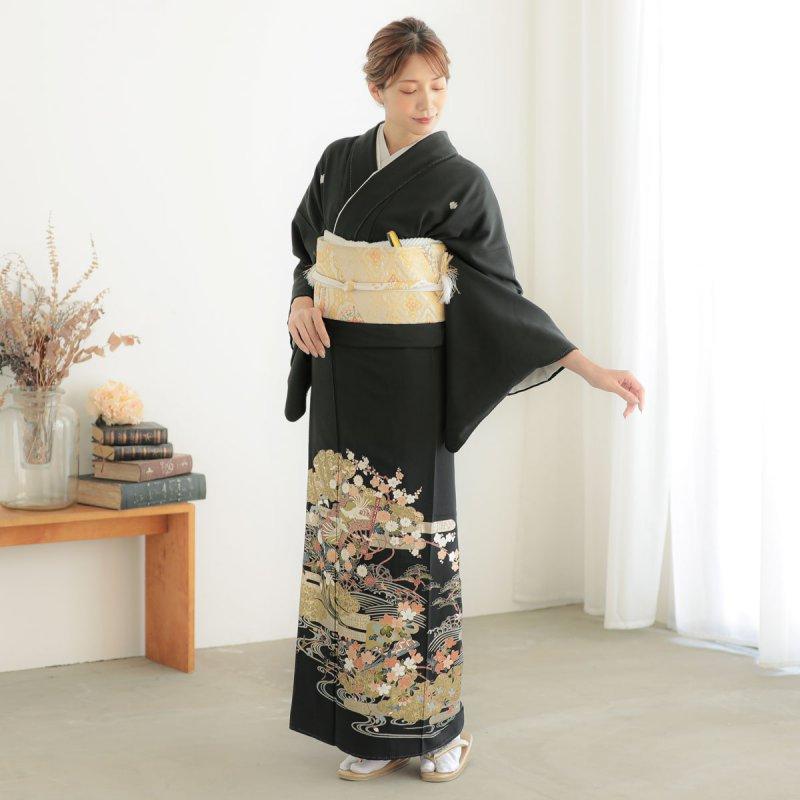 黒留袖 レンタル 結婚式 雲霞に扇面と水車 貸衣装 フルセット 対応身長147〜159cm T415 : 京都着物レンタル夢館 Yahoo!店 - 通販 - Yahoo!ショッピング