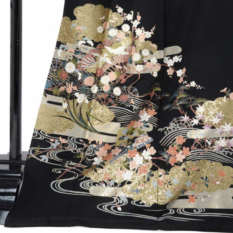 黒留袖 レンタル 結婚式 雲霞に扇面と水車 貸衣装 フルセット 対応身長147〜159cm T415 : 京都着物レンタル夢館 Yahoo!店 - 通販 - Yahoo!ショッピング