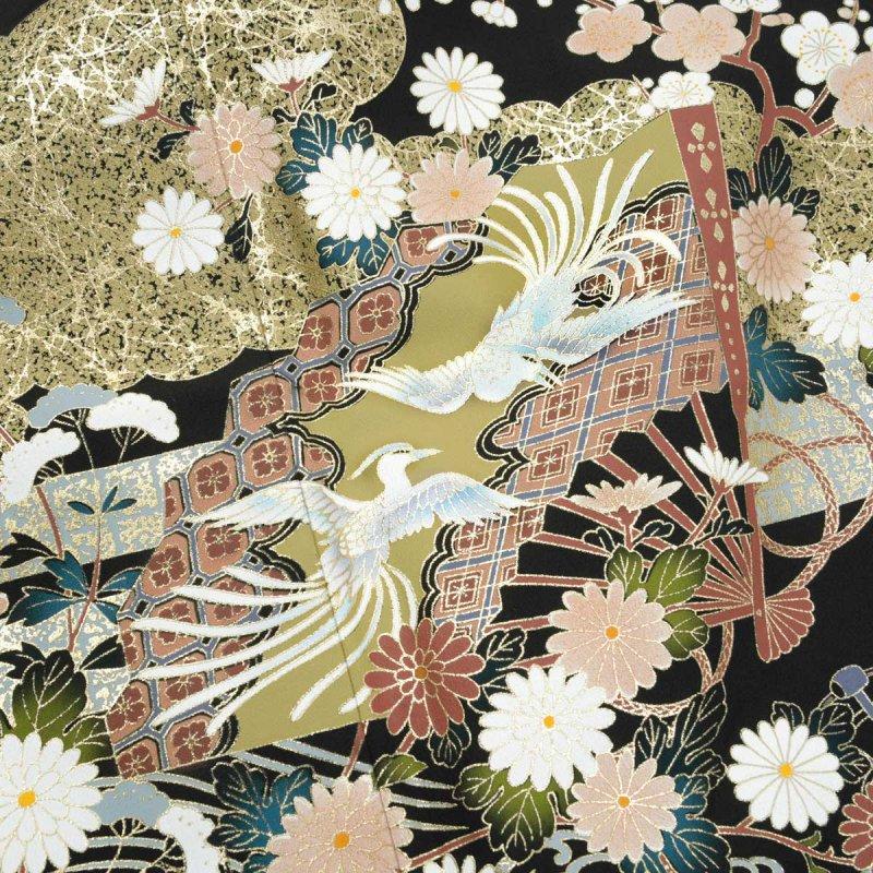 黒留袖 レンタル 結婚式 雲霞に扇面と水車 貸衣装 フルセット 対応身長147〜159cm T415 : 京都着物レンタル夢館 Yahoo!店 - 通販 - Yahoo!ショッピング