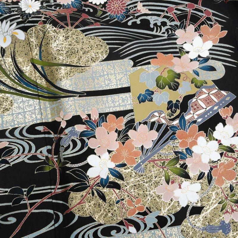 黒留袖 レンタル 結婚式 雲霞に扇面と水車 貸衣装 フルセット 対応身長147〜159cm T415 : 京都着物レンタル夢館 Yahoo!店 - 通販 - Yahoo!ショッピング