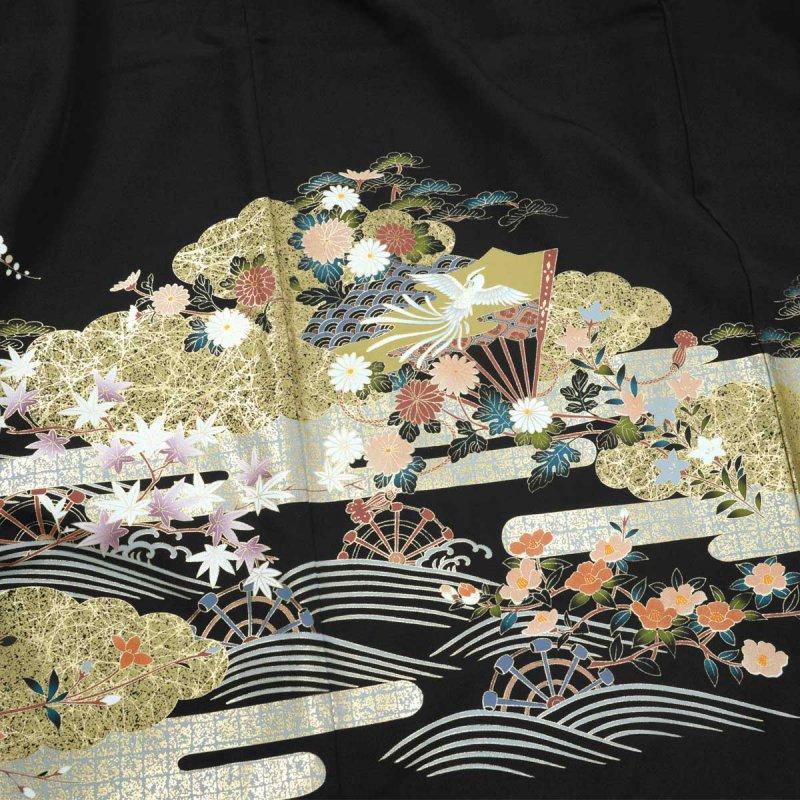 黒留袖 レンタル 結婚式 雲霞に扇面と水車 貸衣装 フルセット 対応身長147〜159cm T415 : 京都着物レンタル夢館 Yahoo!店 - 通販 - Yahoo!ショッピング