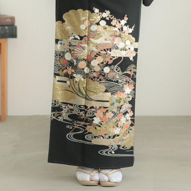 黒留袖 レンタル 結婚式 雲霞に扇面と水車 貸衣装 フルセット 対応身長147〜159cm T415 : 京都着物レンタル夢館 Yahoo!店 - 通販 - Yahoo!ショッピング