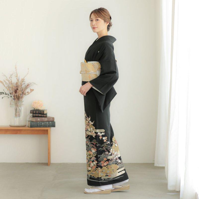 黒留袖 レンタル 結婚式 雲霞に扇面と水車 貸衣装 フルセット 対応身長147〜159cm T415 : 京都着物レンタル夢館 Yahoo!店 - 通販 - Yahoo!ショッピング