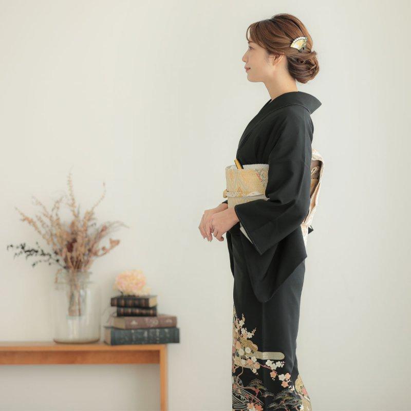 黒留袖 レンタル 結婚式 雲霞に扇面と水車 貸衣装 フルセット 対応身長147〜159cm T415 : 京都着物レンタル夢館 Yahoo!店 - 通販 - Yahoo!ショッピング