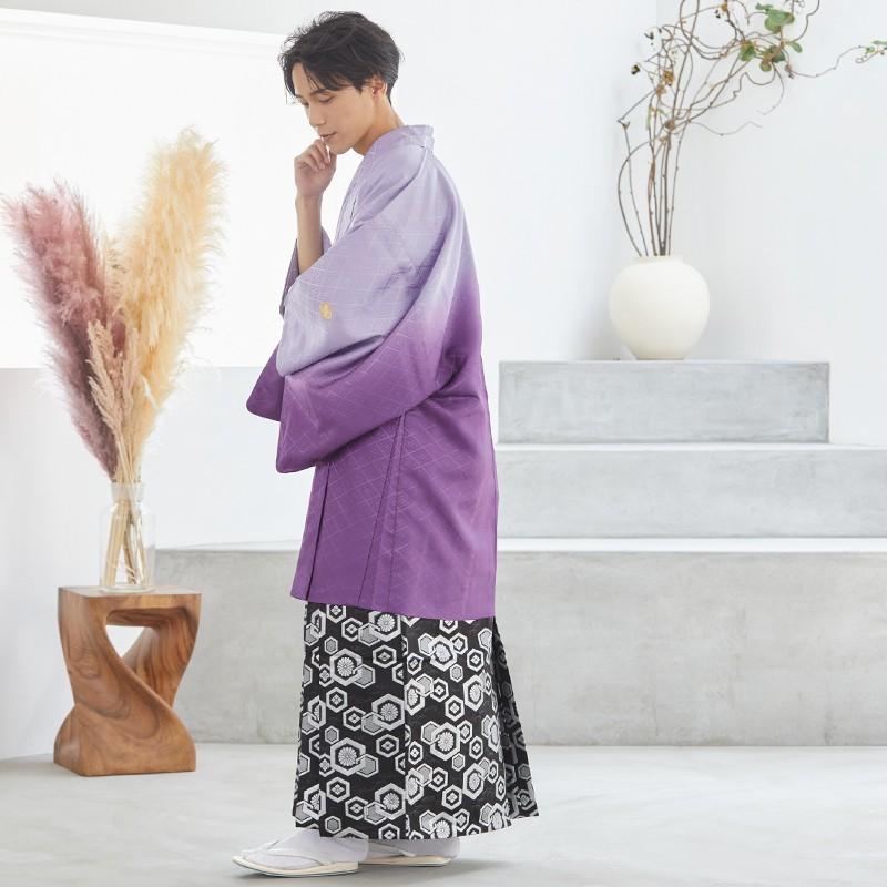 2月〜12月利用 紋付袴 男 レンタル 結婚式 式典 紫ぼかし紋付×柄袴