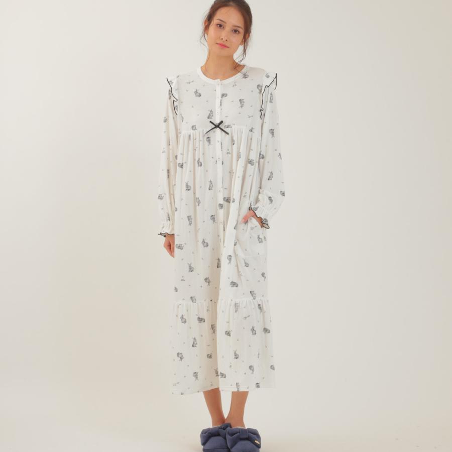 ナルエー ミルキー接結フルールバニーワンピース ルームウェア ホワイト ピンク クリームnarue Moon Tan うさぎ フリル ソフト ...