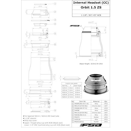 FSA No.57-1 Orbit 1.5 ZS 1-1/8 Tapered Headset OD 50mm/62mm With Top ...