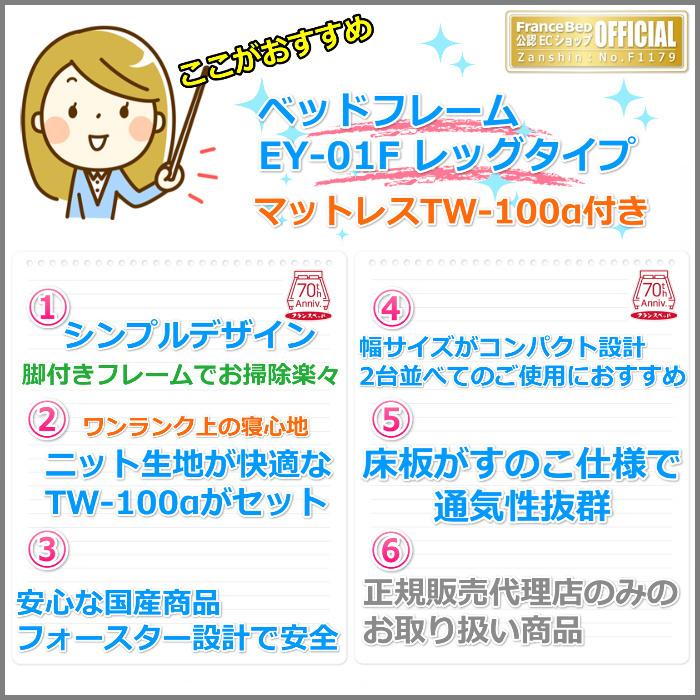 フランスベッド お得なベッドセット エディ セミダブル 【送料・開梱組立設置無料】TW-100α付き 人気マットレスとフレームEY-01Fのセット販売商品 :FB-EY01F-LEG-WN ...