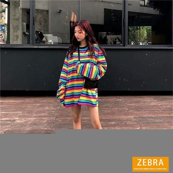 レインボー ボーダー Tシャツ ロング トップス カラフル レディース カラフルボーダー カジュアル ラウンドネック ゆったり :zbr0206-nz1249:ZEBRA-SHOP - 通販 ...