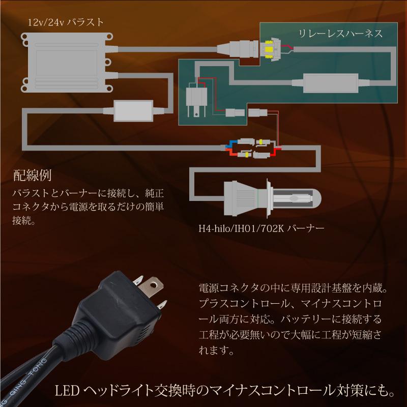 リレーレスハーネス HID 12v 24v 2個 H4 IH01 702k 35w 55w Hi Lo ハイロー切り替え ヘッドライト フォグランプ 【送料無料】 : Kross Link ...