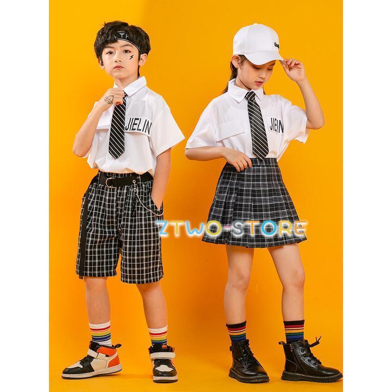 キッズ ダンス衣装 チアガール JK 制服 子供 上下セット ヒップホップ 女の子 男の子 子供 HIPHOP プリーツスカート 半袖 シャツ 応援団 文化祭 演出服 : zt0206 ...