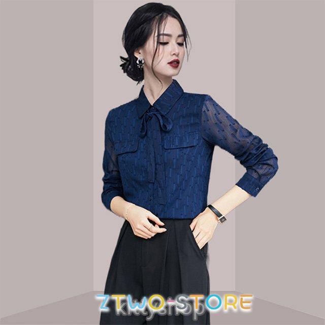 紺色 シャツ レディース 春 秋 新作 無地 長袖シャツ 30代 40代 通勤 OL 優雅 エレガント 襟付き ネイビー ブラウス 結びつき リボン オシャレ キレイめ : Z2ストア ...