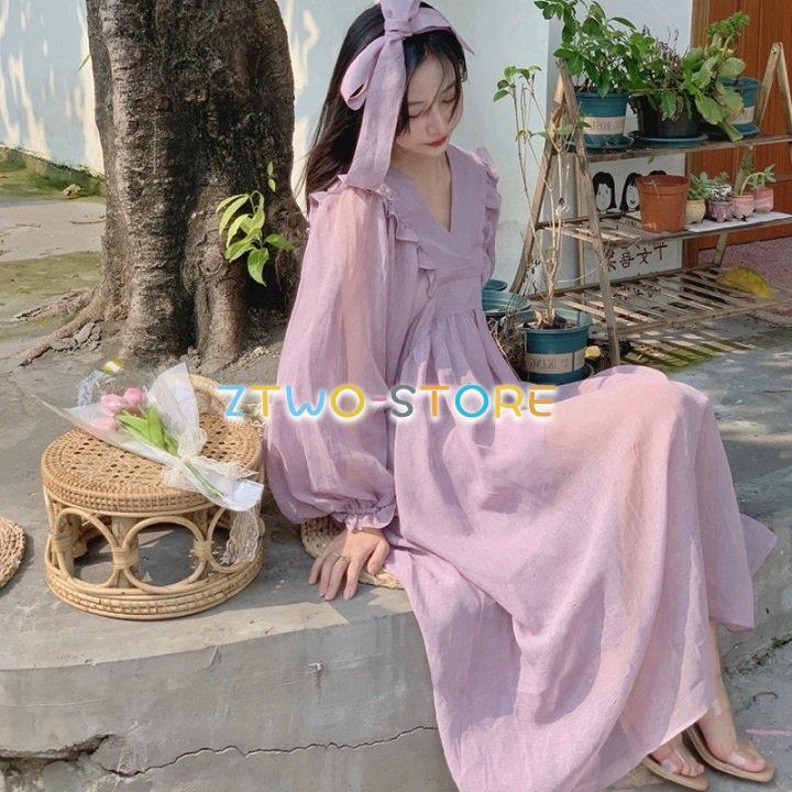 ワンピース レディース 長袖 Vネック ロング丈 ハイウエスト Aライン