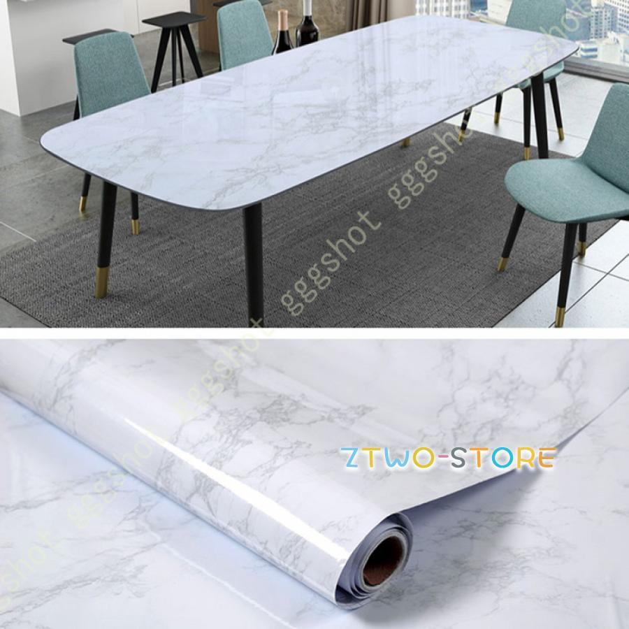 壁紙シール 白 60cm リメイクシート 防水 耐熱 ツルツル 壁紙 防油 防カビ 光沢 壁紙 貼りやすい テーブル 賃貸 補修シール 接着剤付き 大理石シール 長さ5m : zzz20530 ...