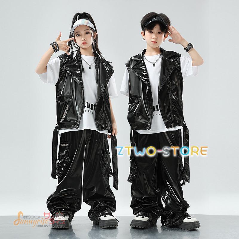 キッズダンス衣装 k-pop衣装 HIPHOP ヒップホップ 子供服 男の子 女の子 白Tシャツ 黒レザー ベスト カーゴパンツ ステージ衣装 練習着 舞台衣装 : Z2ストア - 通販 ...
